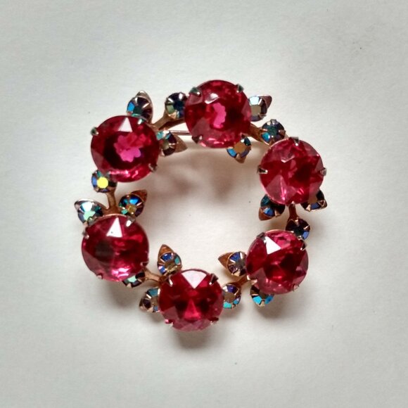Jewelry | Vintage Ruby Red Rhinestone Aurora Borealis Gold Tone Brooch ...
